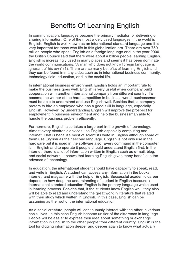 Benefits of Learning English | PDF | English Language | International ...