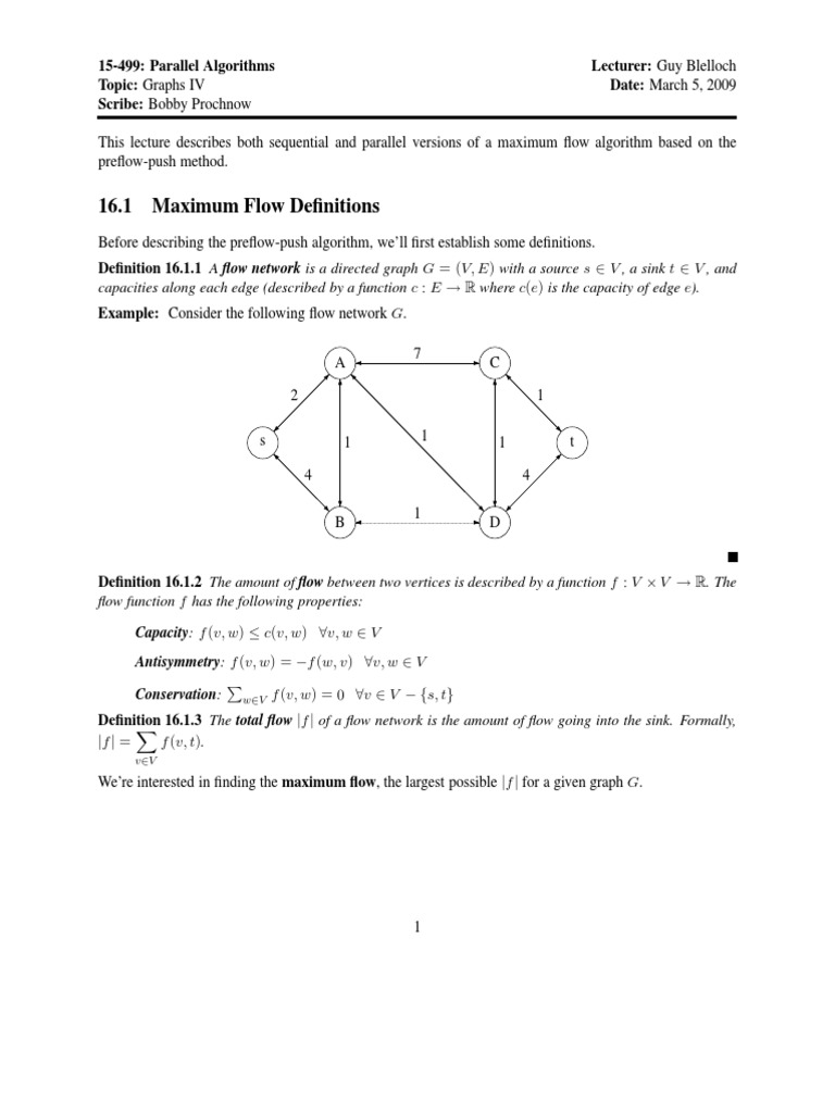 16.1 Maximum Flow Definitions: Capacities Along Each Edge (Described by A Function C | PDF ...
