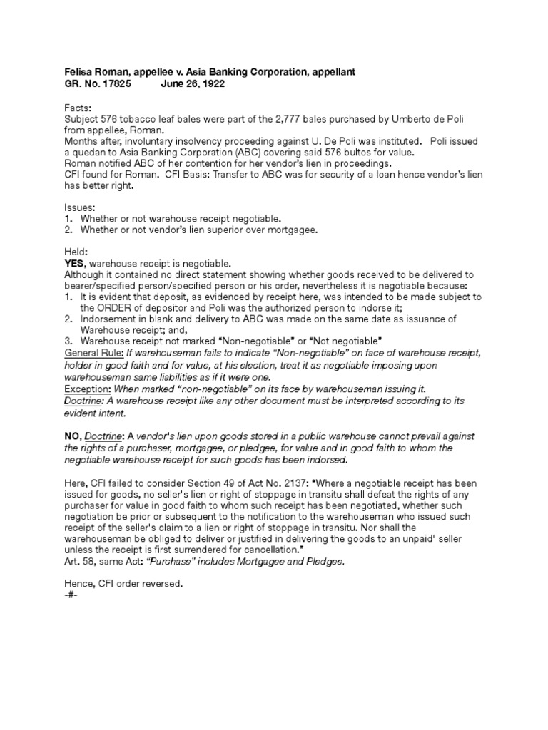 Roman V ABC Digest - Warehouse Receipts | PDF | Lien | Mortgage Law