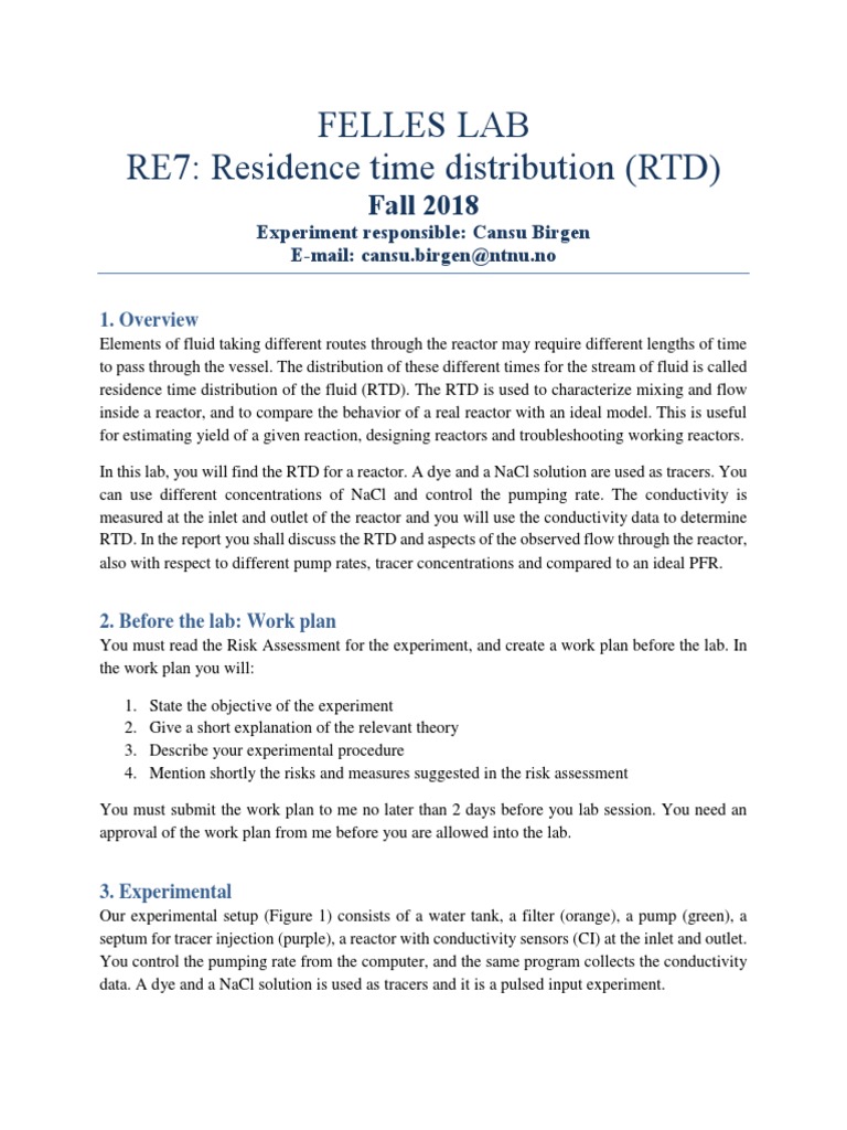 Felles Lab RE7: Residence Time Distribution (RTD) : Fall 2018 | PDF ...