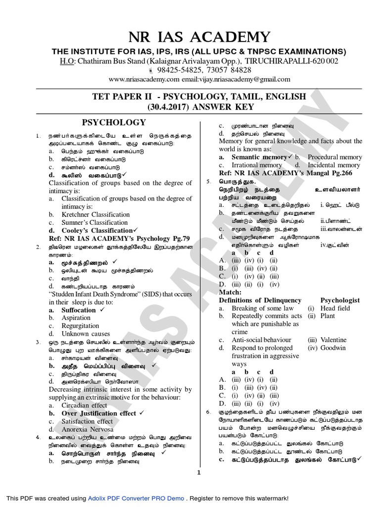 Tet Paper2 Key Psychology Tamil English | PDF | Noun | Adverb