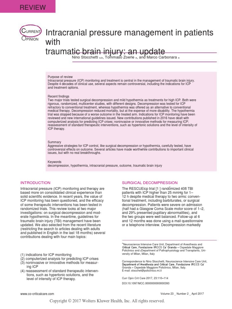 Intracranial Pressure Management in Patients With Traumatic Brain Injury: An Update | PDF ...
