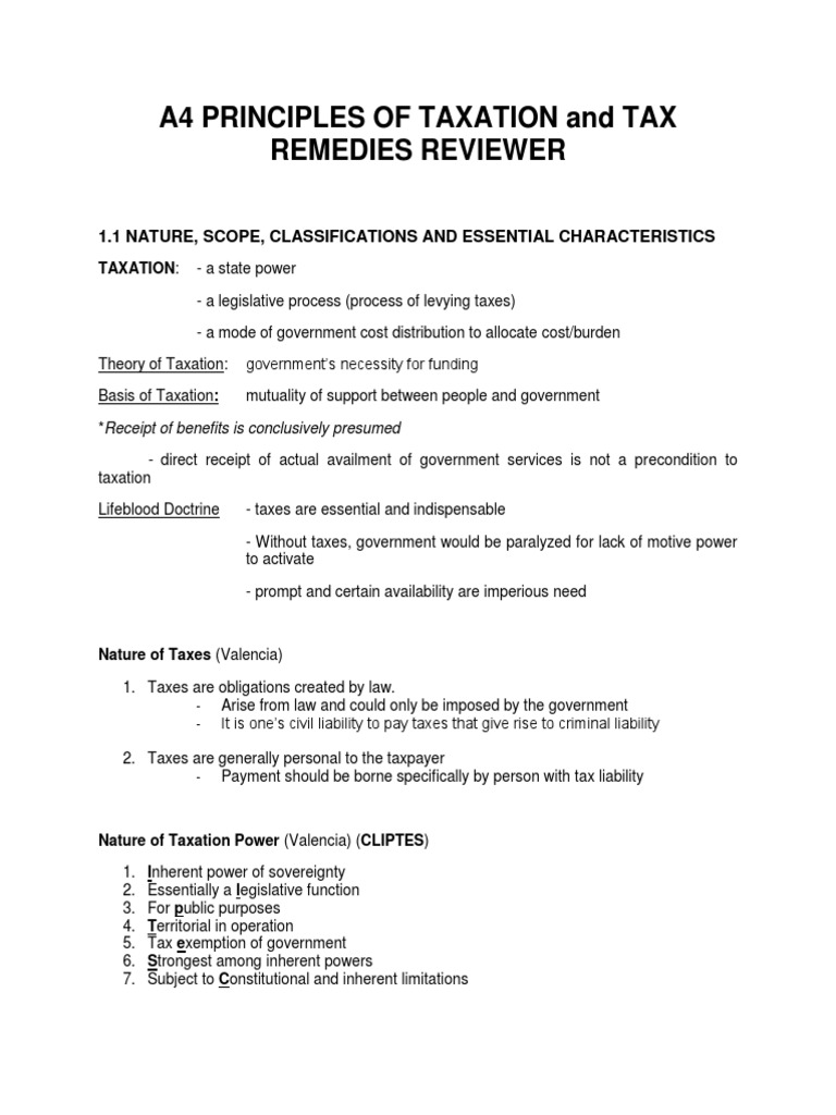 A4 Principles of Taxation and Tax Remedies Reviewer: 1.1 Nature, Scope ...