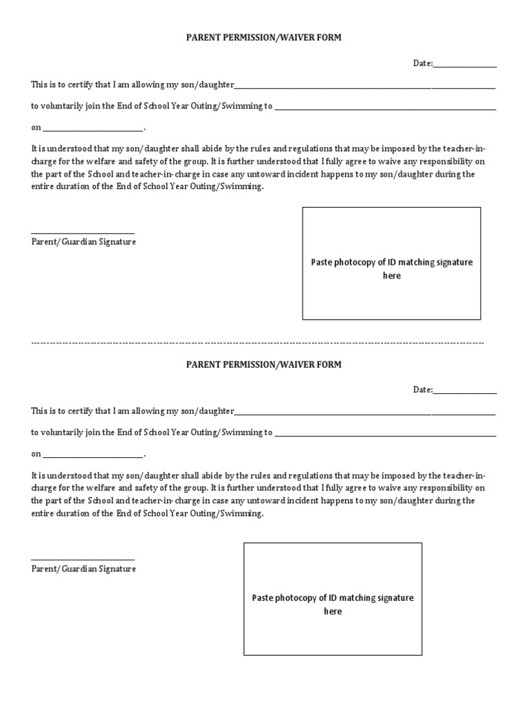 Parent Permission/Waiver Form: Paste Photocopy of ID Matching Signature Here | PDF | Justice ...