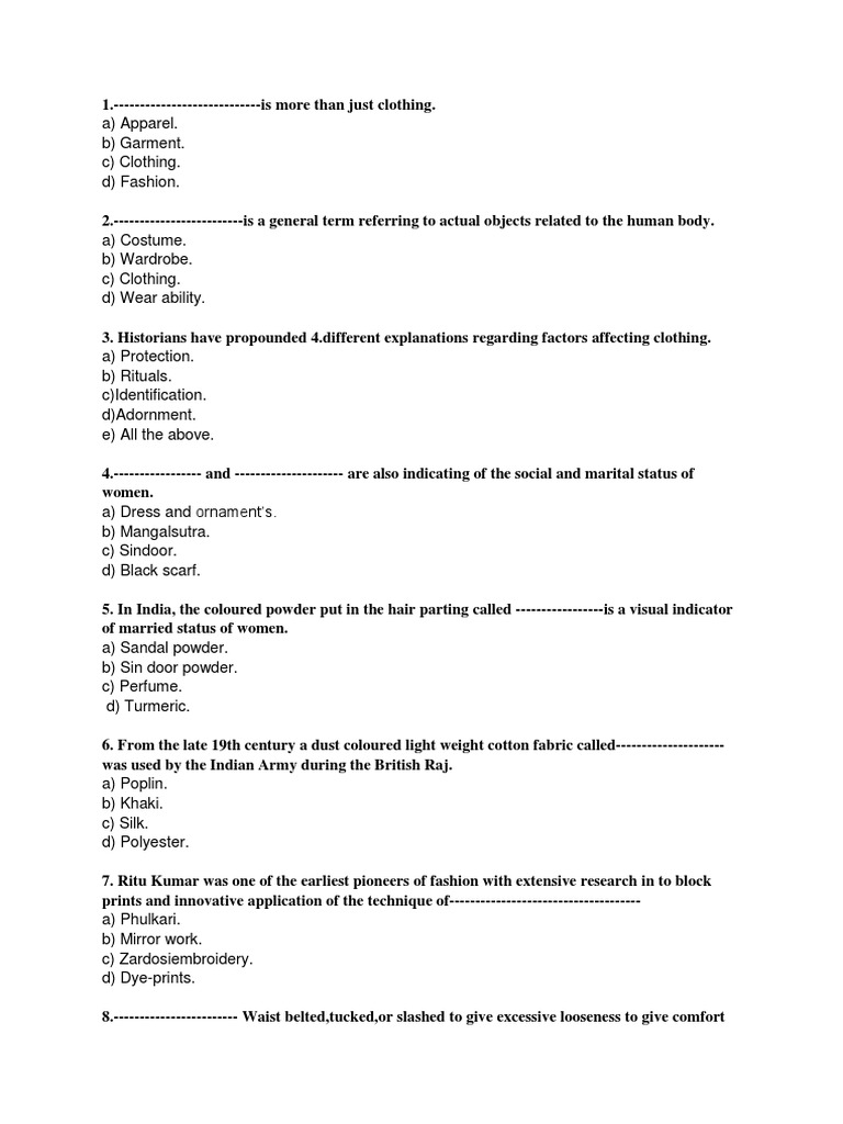 Question Paper | PDF | Clothing | Textiles