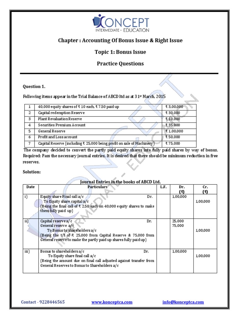 Chapter: Accounting Of Bonus Issue & Right Issue Topic 1: Bonus Issue ...