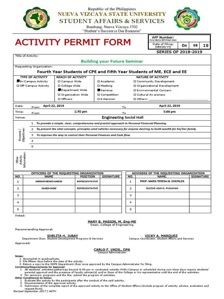 Activity Permit Form: Student Affairs & Services | PDF