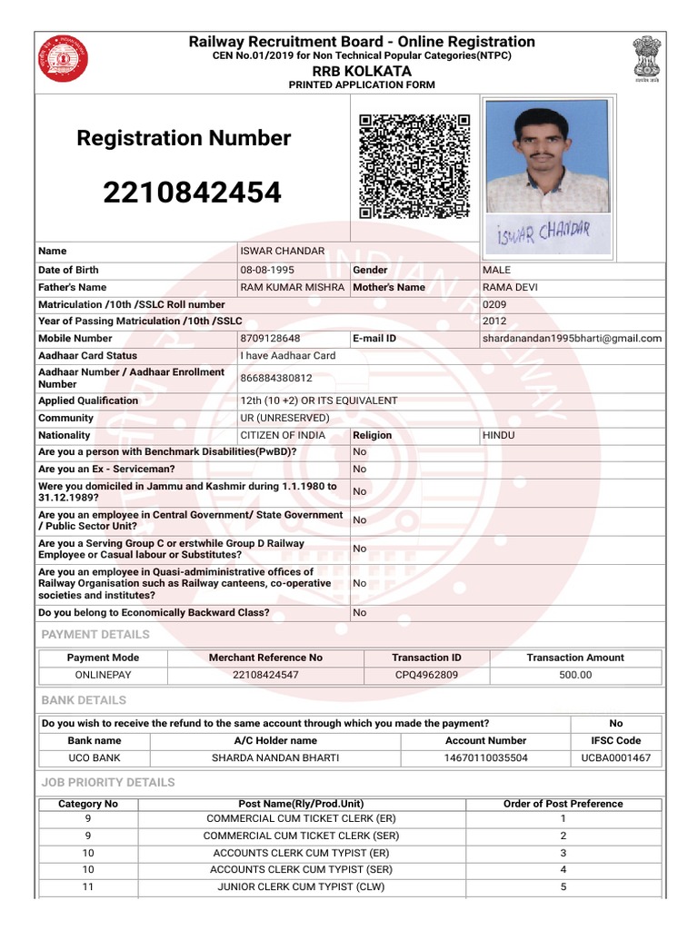 Registration Number: Railway Recruitment Board - Online Registration ...
