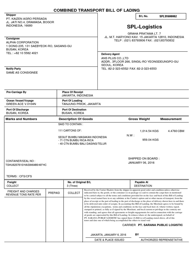 Contoh BL Jadi | PDF | Cargo | Bill Of Lading