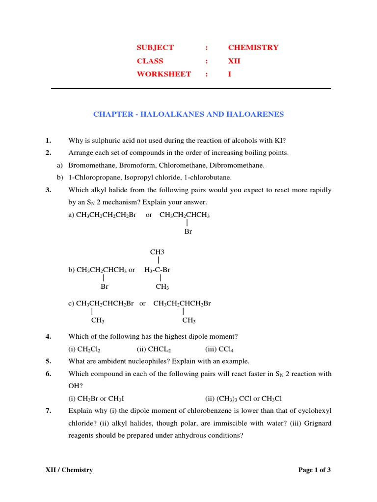 Haloalkane Worksheet | PDF | Chemical Reactions | Molecules