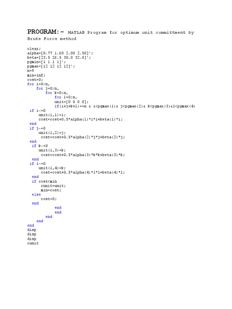 Program:-: MATLAB Program For Optimum Unit Committment by Brute Force ...
