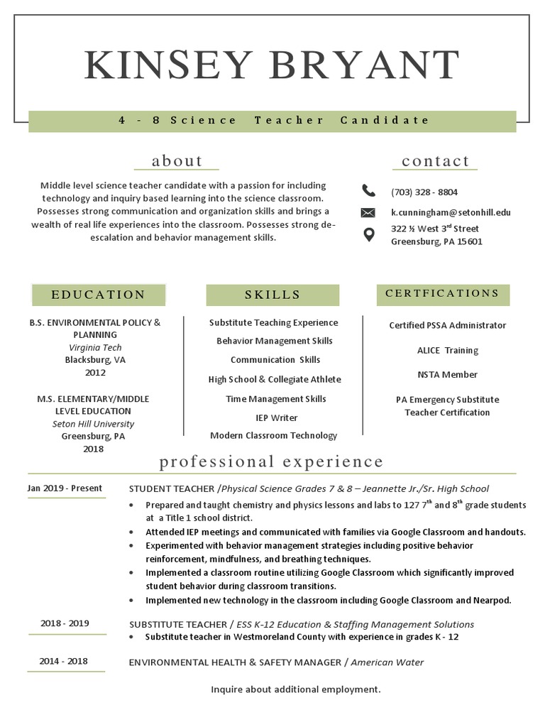 Kinsey Bryant Resume | PDF | Teachers | Classroom