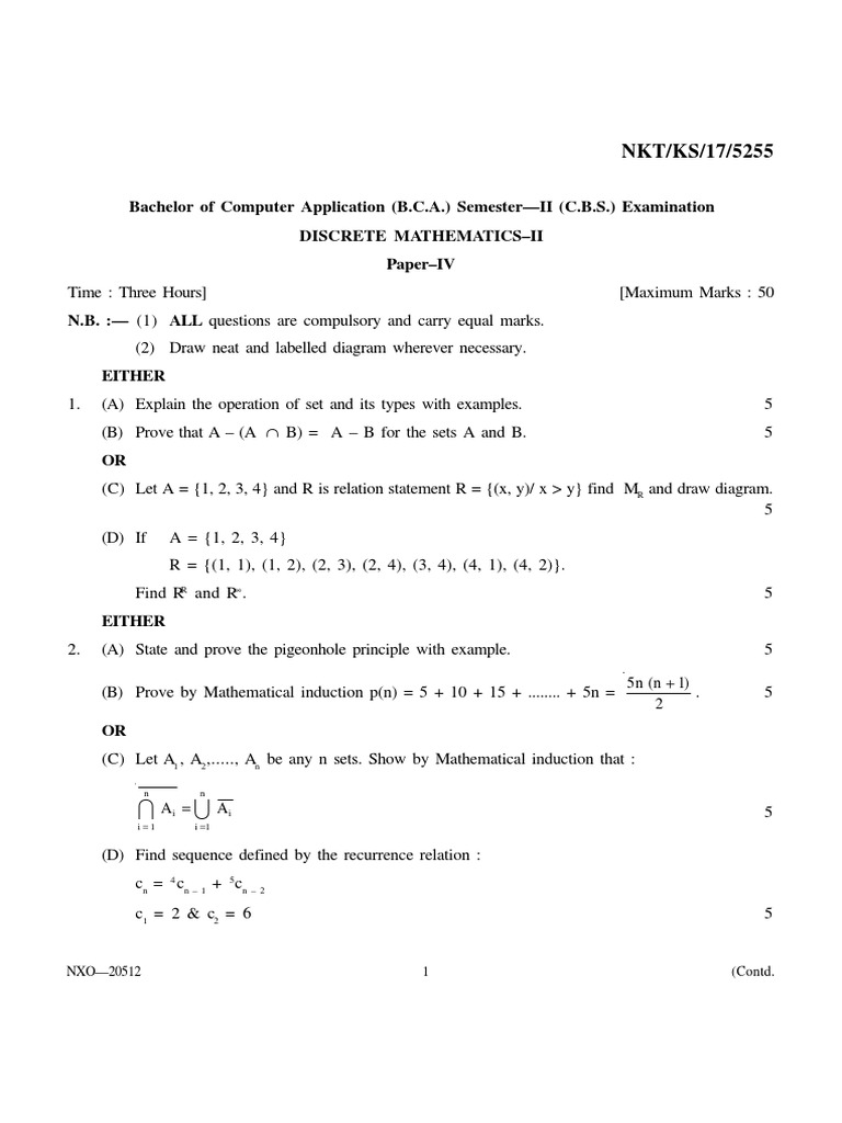 Bachelor of Computer Application (B.C.A.) Semester-II (C.B.S.) Examination Discrete Mathematics ...