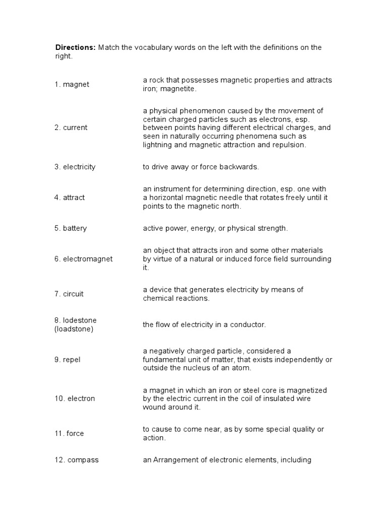 Directions: Match The Vocabulary Words On The Left With The Definitions ...