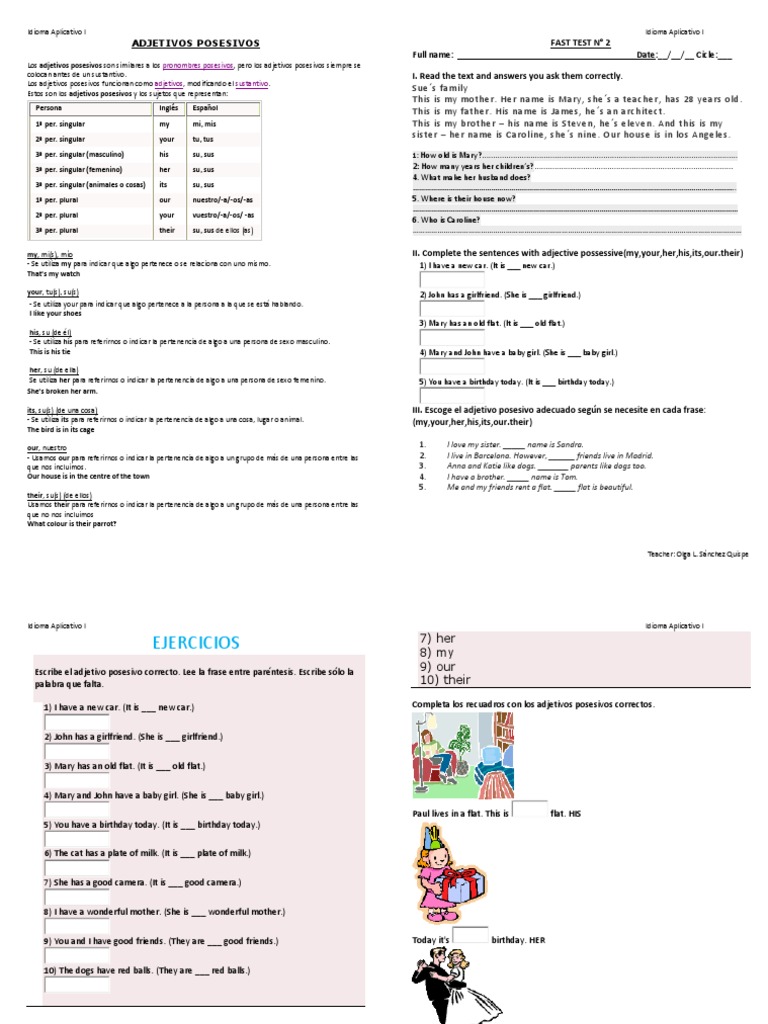 Ejercicios de Adjetivos Posesivos | PDF | Language Mechanics | Onomastics