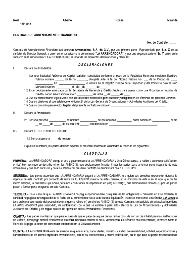 Modelo Contrato Arrendamiento Financiero | PDF | Pagos | Póliza de seguros
