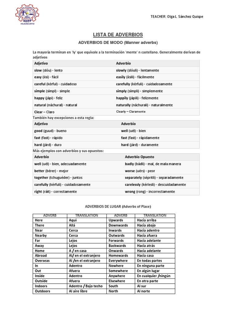 Lista de Adverbios | PDF | Tipología Lingüística | Vocabulario