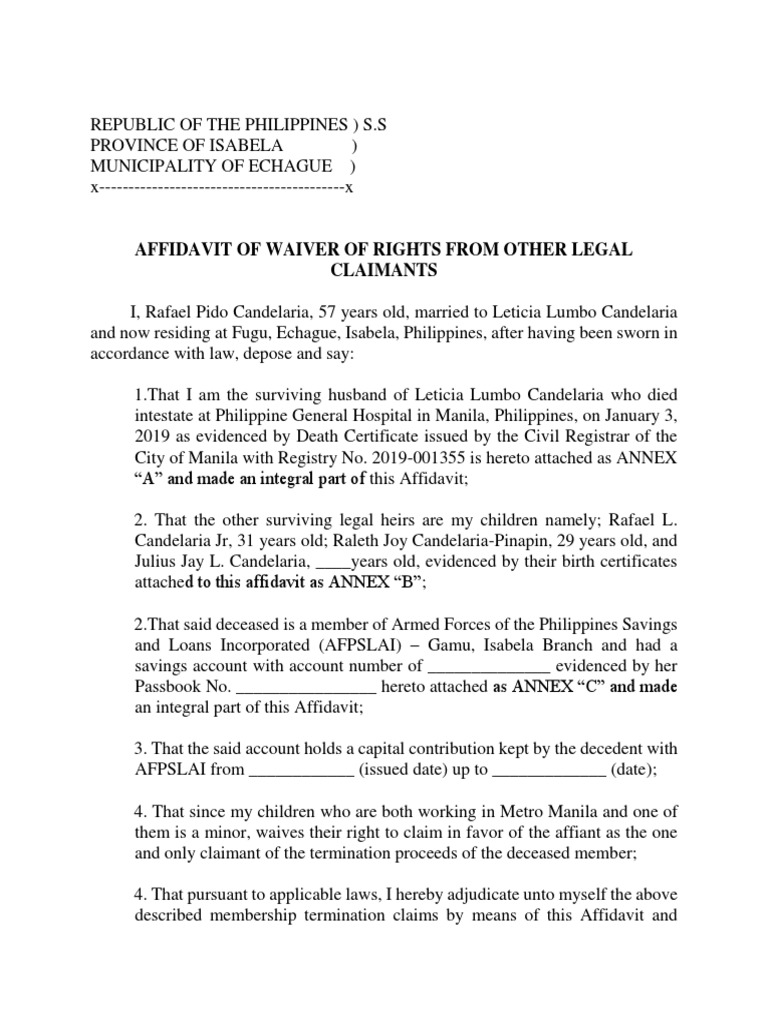 Affidavit Of Waiver Of Rights From Other Legal Claimants | Affidavit | Judiciaries