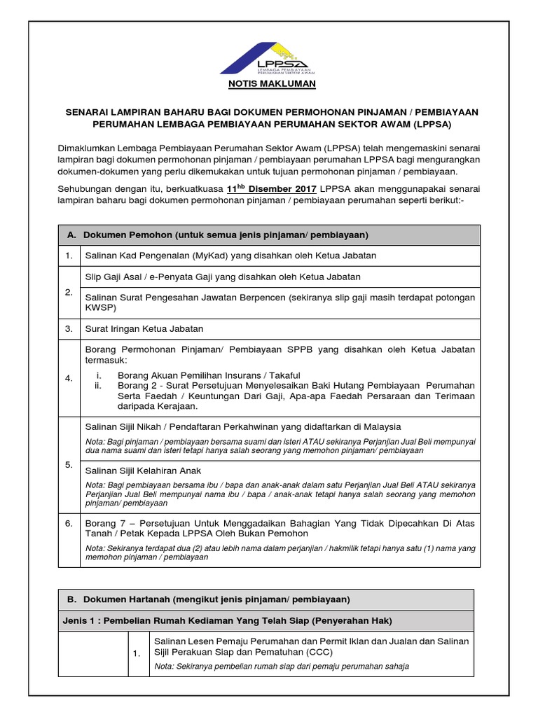 Hebahan - Senarai Lampiran Baharu Dokumen Permohonan Pembiayaan LPPSA | PDF
