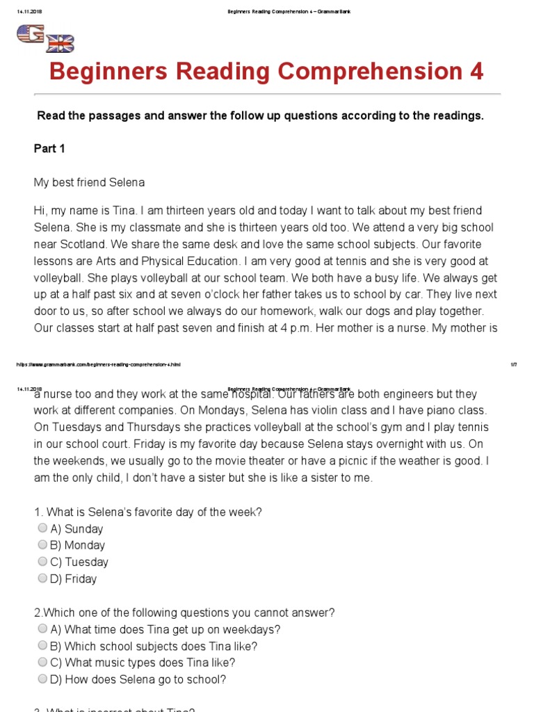 Beginners Reading Comprehension 4 - GrammarBank PDF | PDF | Workweek ...