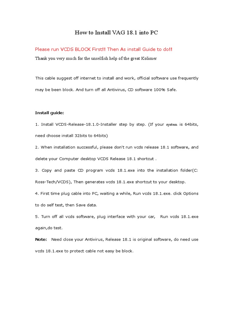VCDS 18.1 Installing Guide PDF | PDF | Business | Computers