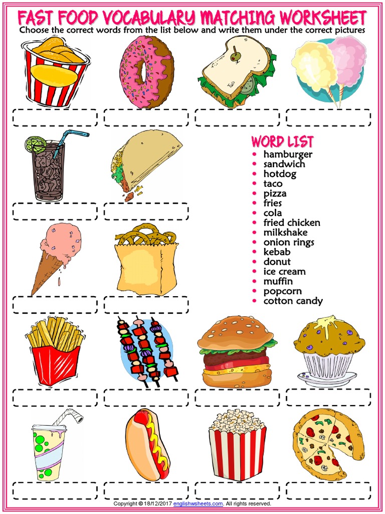 Fast Food Vocabulary Esl Matching Exercise Worksheet For Kids PDF | PDF ...