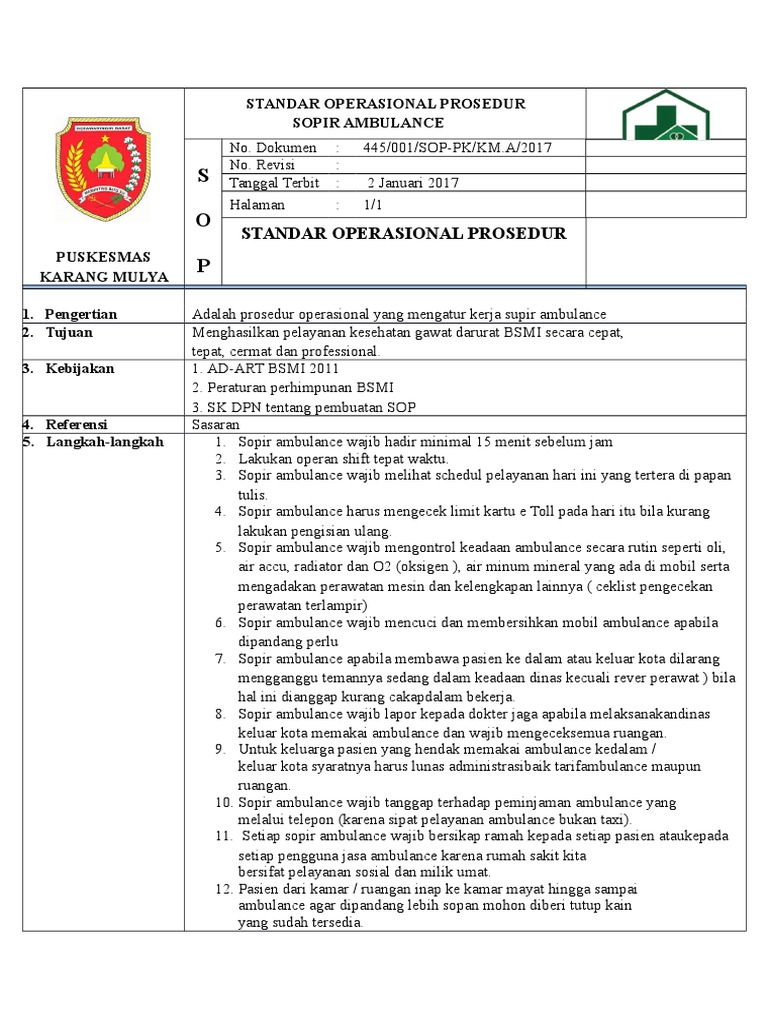 Sop Sopir Ambulance PDF | PDF
