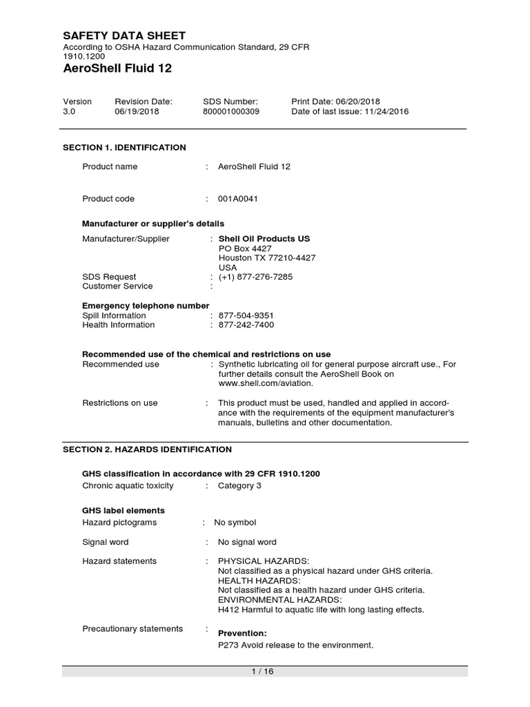Aeroshell Fluid 12: Safety Data Sheet | PDF | Dangerous Goods | Toxicity