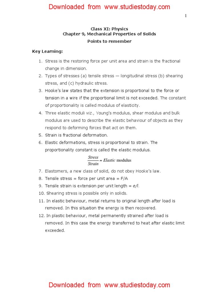 CBSE Class 11 Physics - Mechanical Properties of Solids Notes | PDF ...