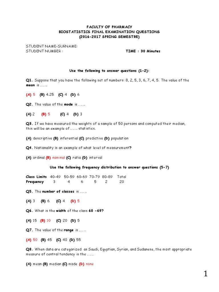 Analysis of a Biostatistics Final Exam for Pharmacy Students | PDF ...