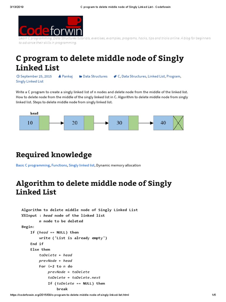 C Program To Delete Middle Node of Singly Linked List: Required ...