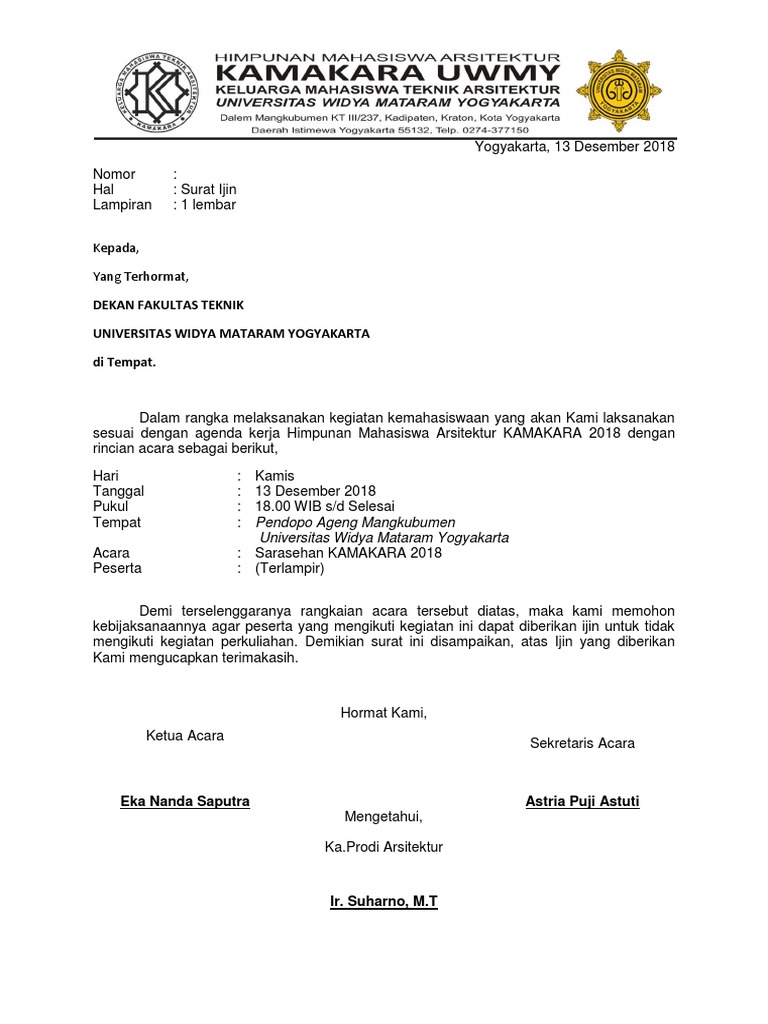Surat Ijin Libur Kuliah Karna Ikut Sarasehan Kamakara 2018 | PDF