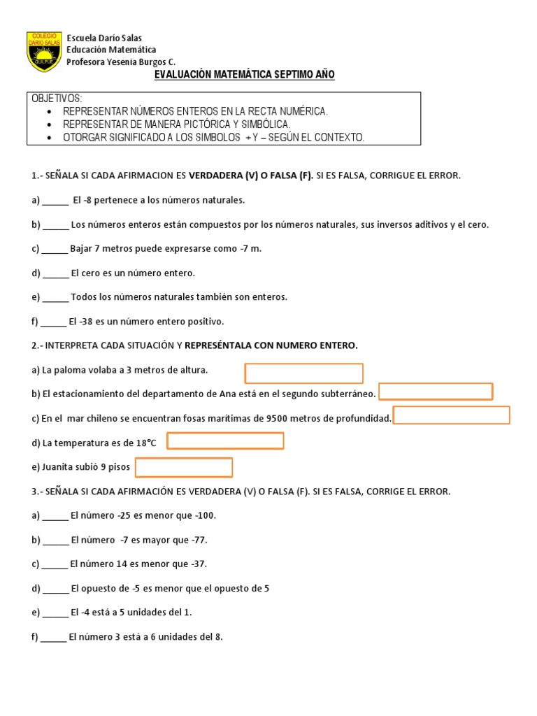 Evaluación Matemática Septimo Año - Numeros Enteros | PDF | Entero ...