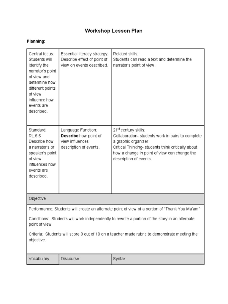Workshop Lesson Plan: Planning | PDF | Narration | Literacy