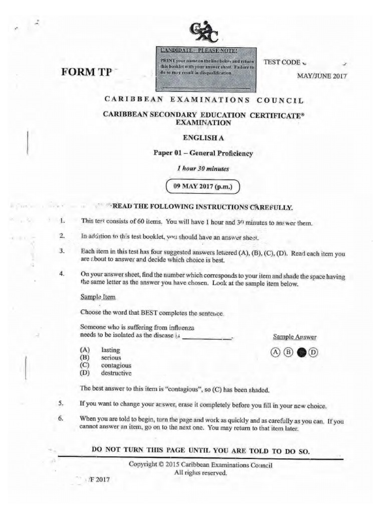 CSEC English A June 2017 P1 PDF | PDF