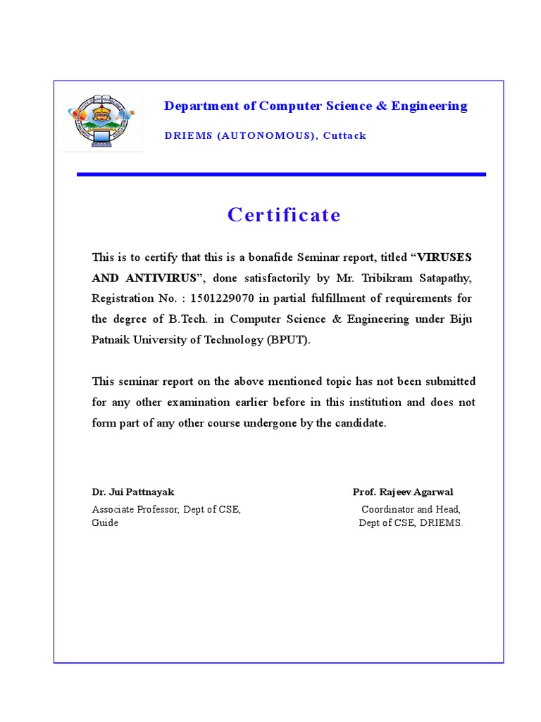 Certificate Acknowledgement Viruses and Antivirus | PDF | Science And ...