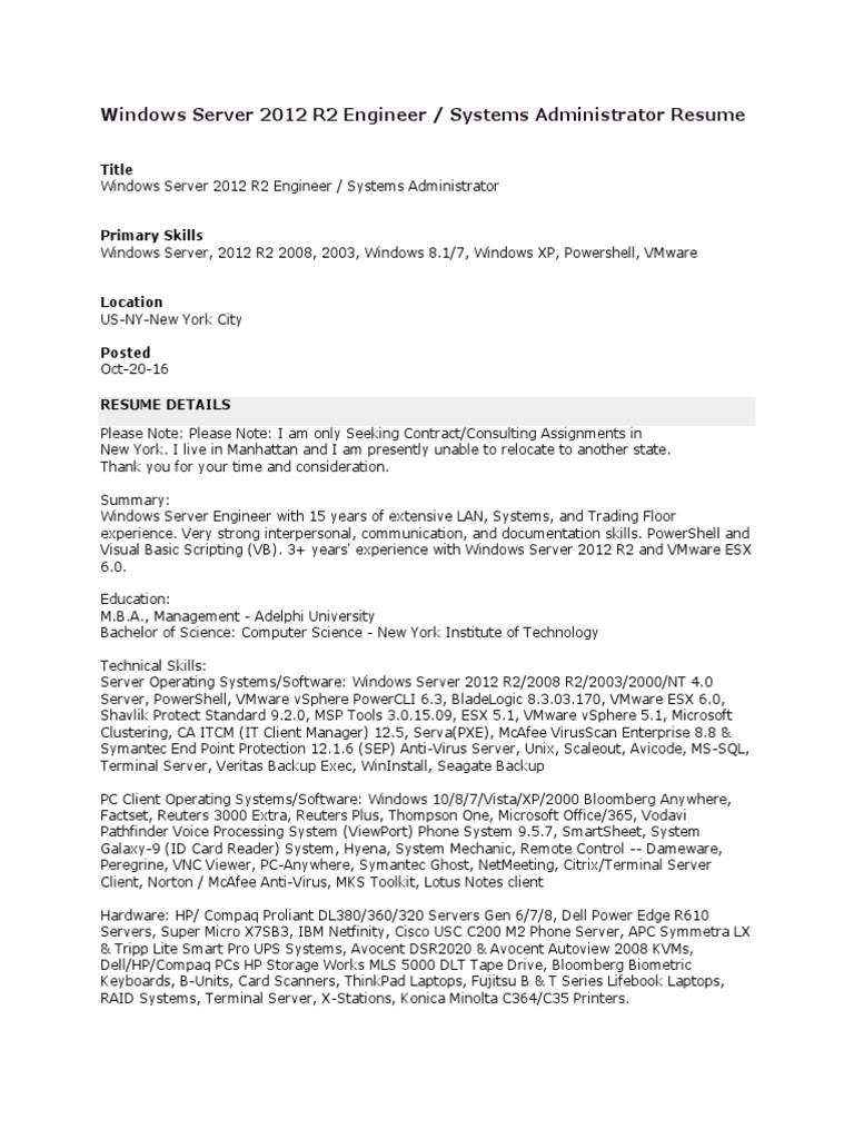 Windows Server 2012 R2 Engineer / Systems Administrator Resume | PDF ...