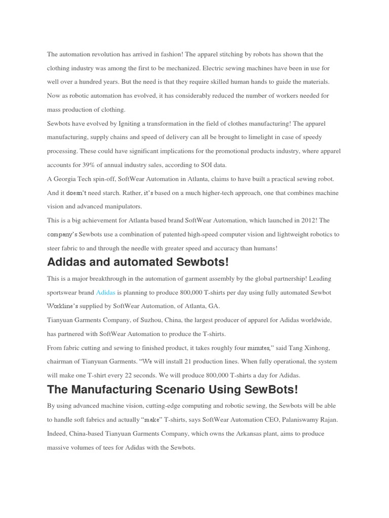 Adidas and Automated Sewbots! | Download Free PDF | Automation | Sewing