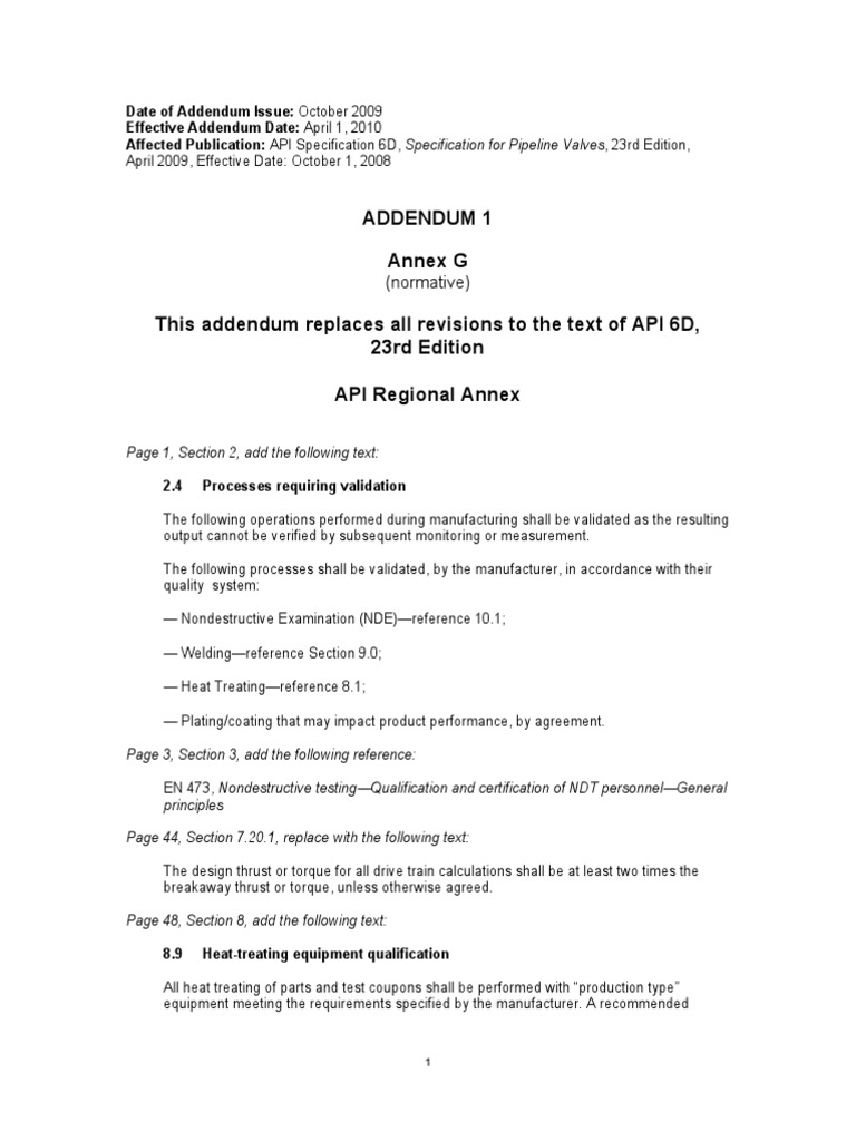 Addendum 1 Annex G This Addendum Replaces All Revisions To The Text of API 6D, 23rd Edition API ...