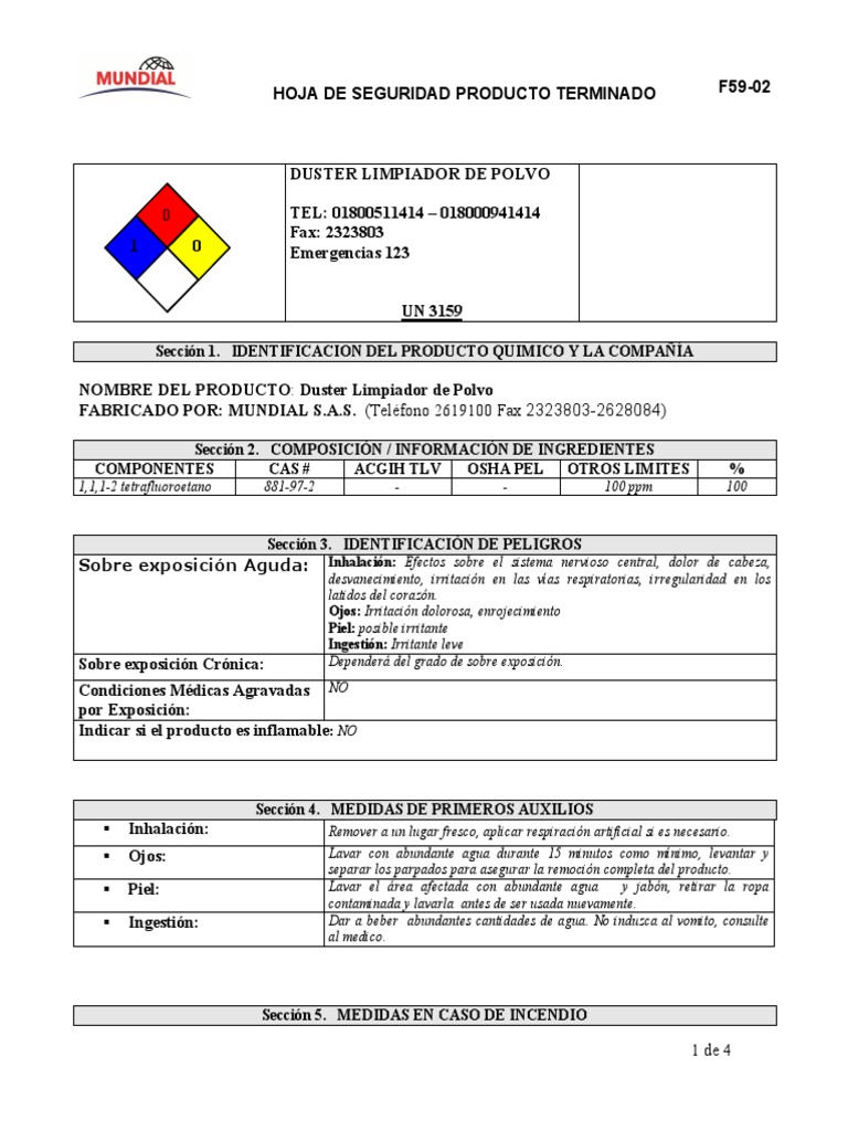 MSDS Duster Limpiador de Polvo | PDF | Primeros auxilios | Hidrógeno