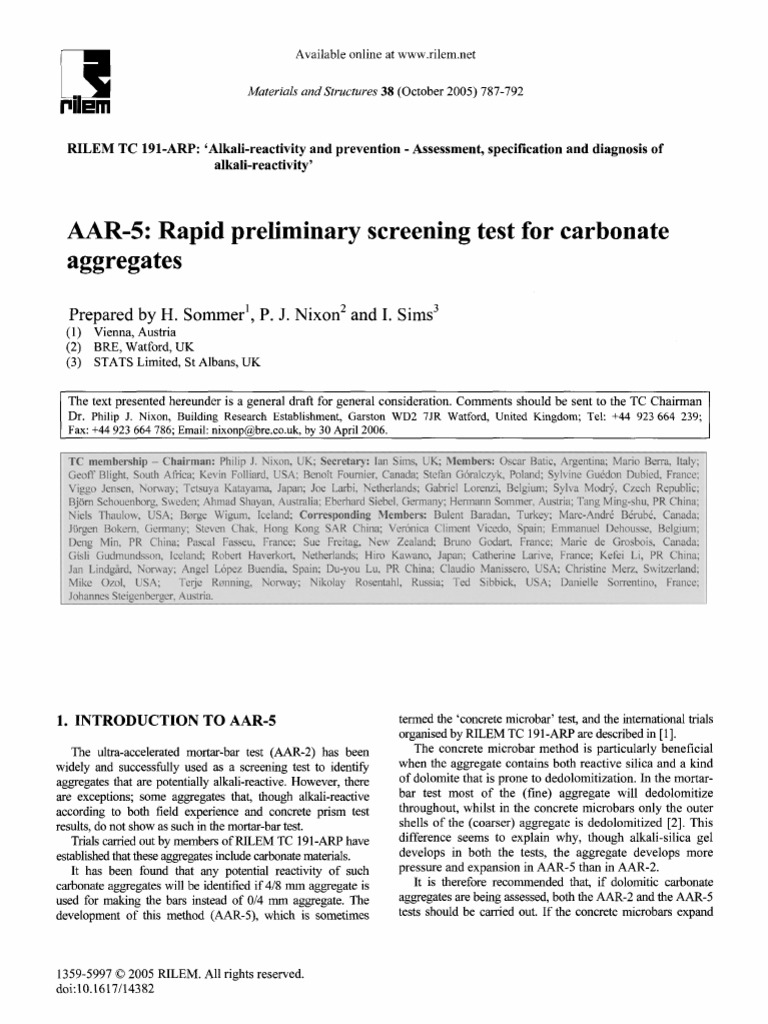RILEM Recommended Test Method AAR-5 | PDF | Sodium Hydroxide | Concrete