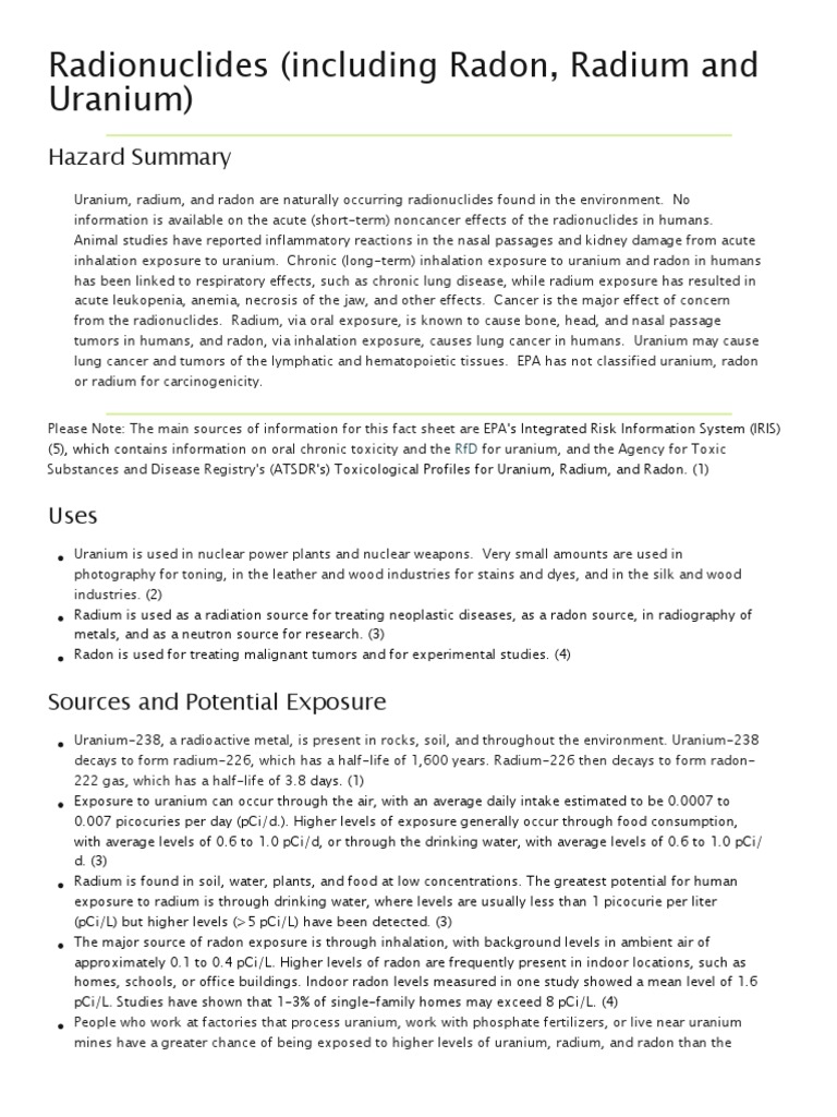 Radionuclides (Including Radon, Radium and Uranium) : Hazard Summary ...