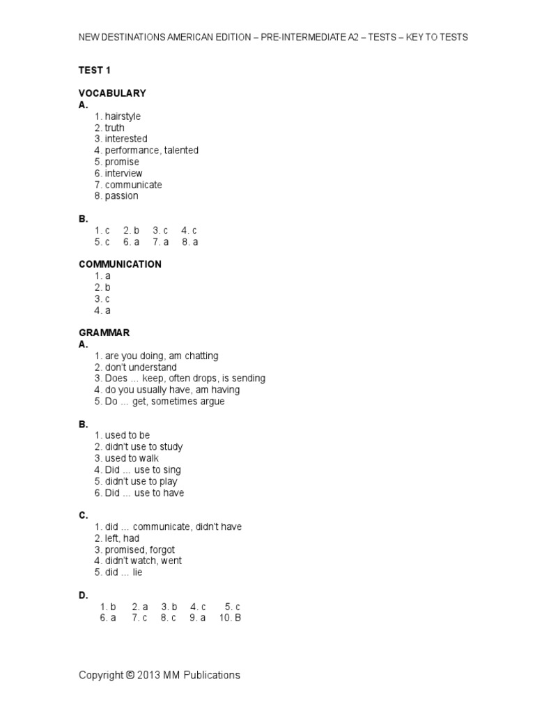 Test 1 Vocabulary A.: New Destinations American Edition - Pre ...