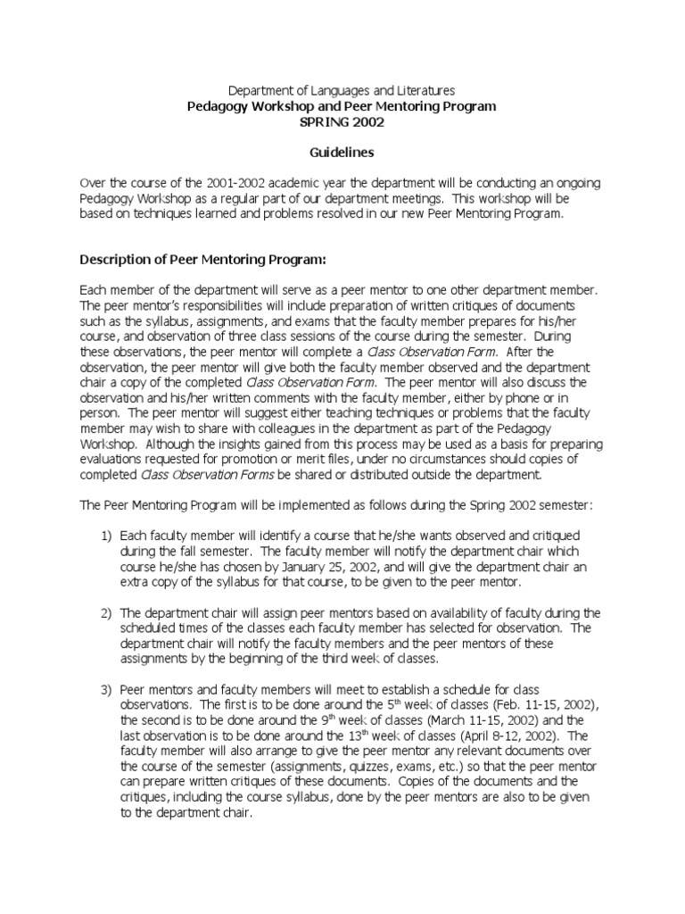 Pedagogy Workshop And Peer Mentoring Program Spring 2002 Guidelines