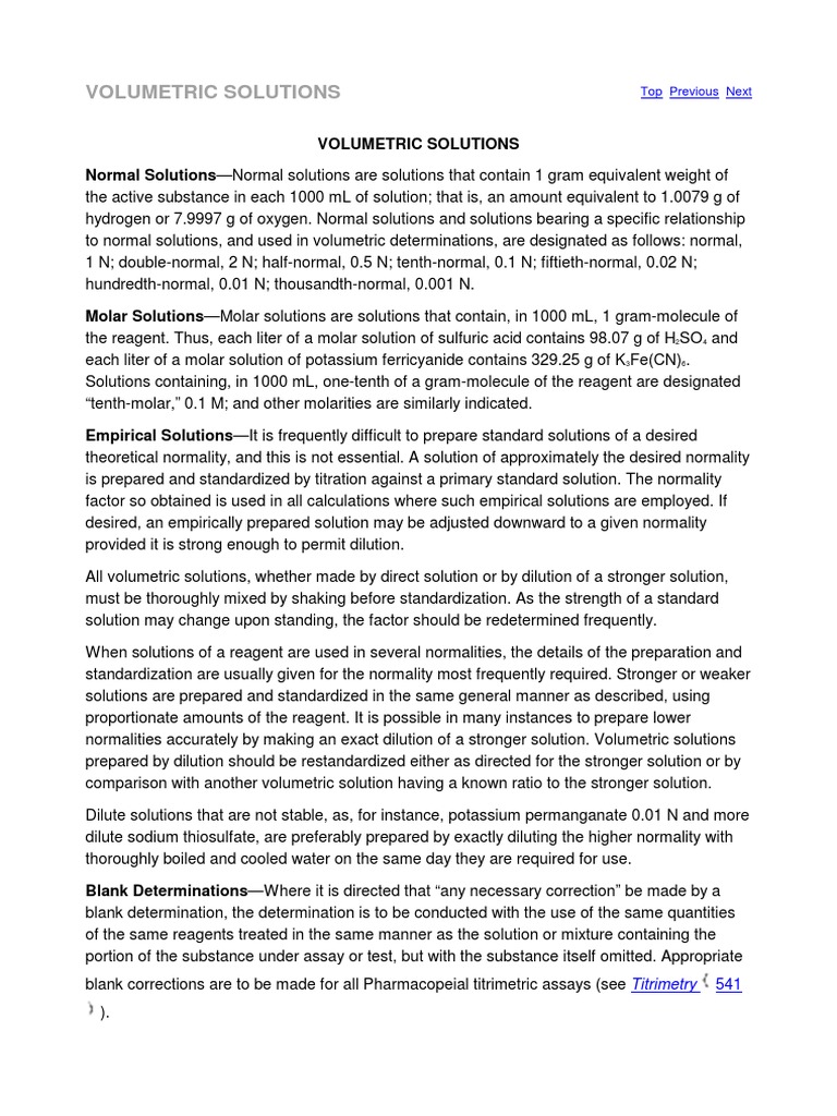 Volumetric Solutions: Top Previous Next | PDF | Titration | Chemistry