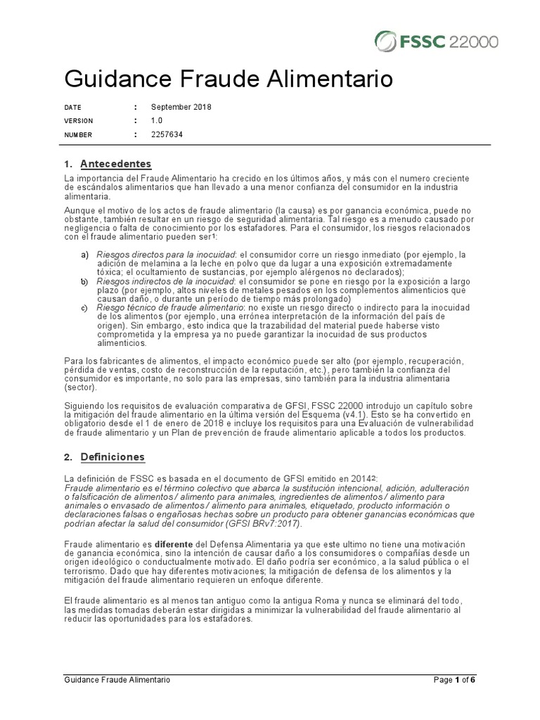 Guidance Food Fraud Fraude Alimentario | PDF | Análisis de Riesgo y ...