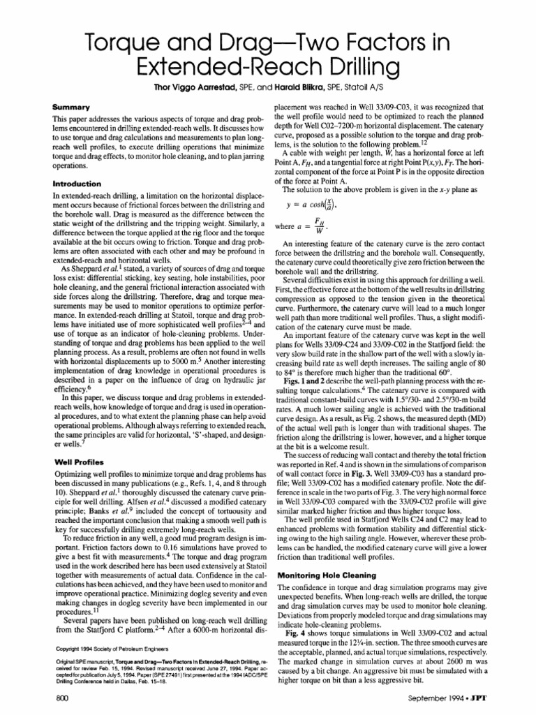 Torque and Drag-Two Factors in Extended-Reach Drilling: W, Has A ...