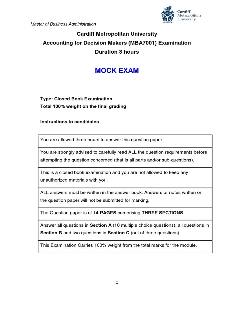 Mock Exam Paper For Accounting - MBA | PDF | Balance Sheet | Expense