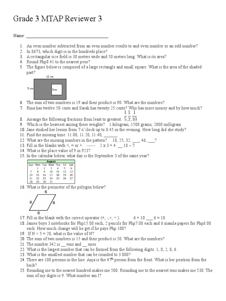 Grade 3 MTAP Reviewer 3-5 | PDF | Fraction (Mathematics) | Numbers