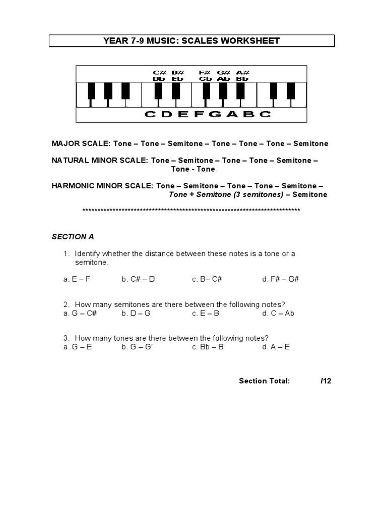 Scales and Semitones Worksheet | PDF | Scale (Music) | Minor Scale